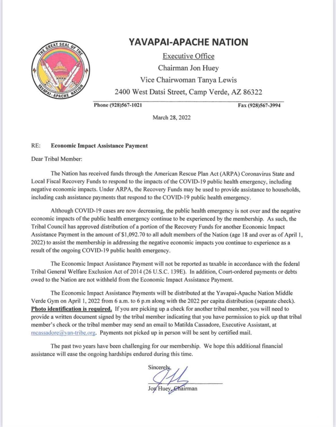 Economic Impact Payment/Per Capita – Yavapai-Apache Nation