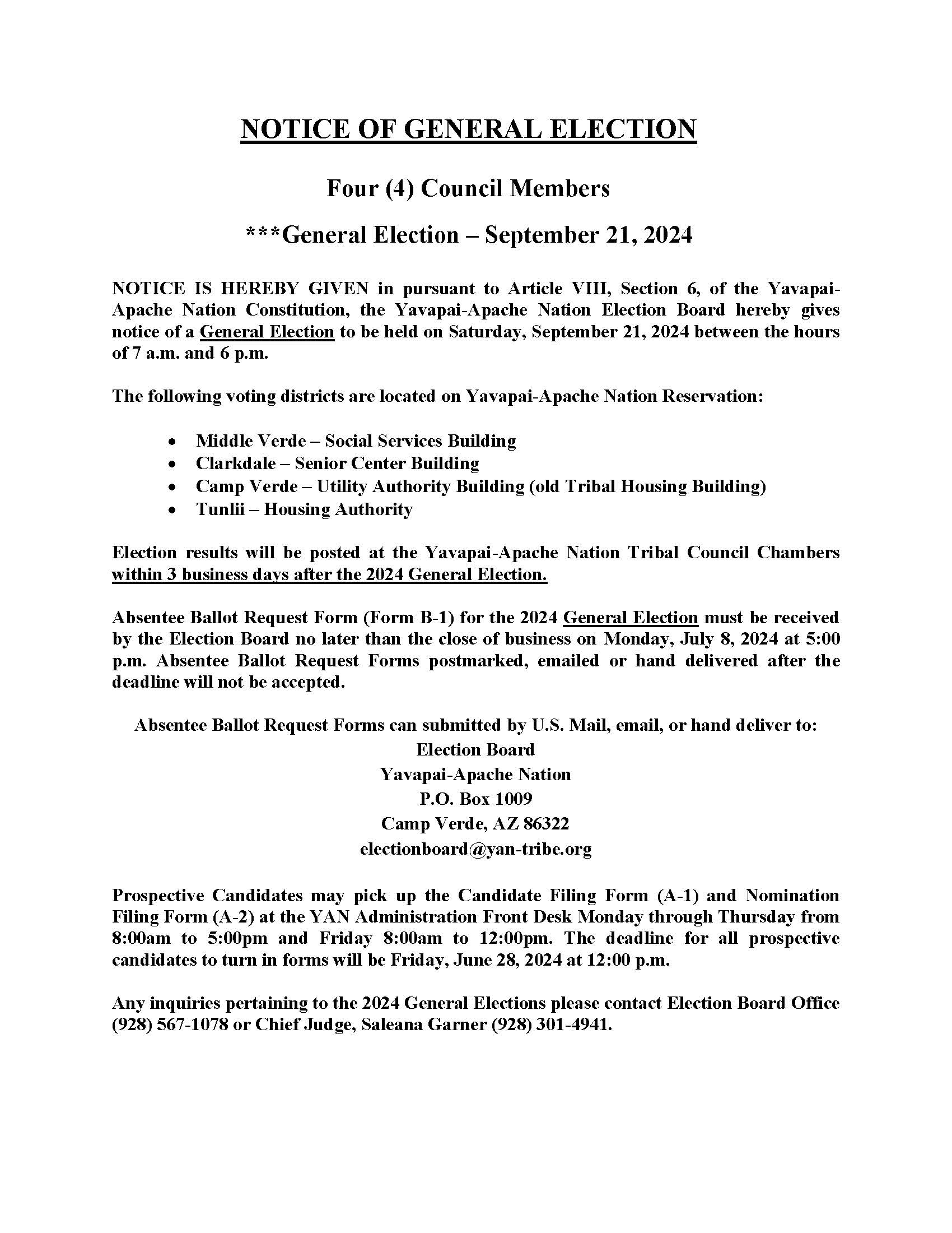 NOTICE OF GENERAL ELECTION – Yavapai-Apache Nation