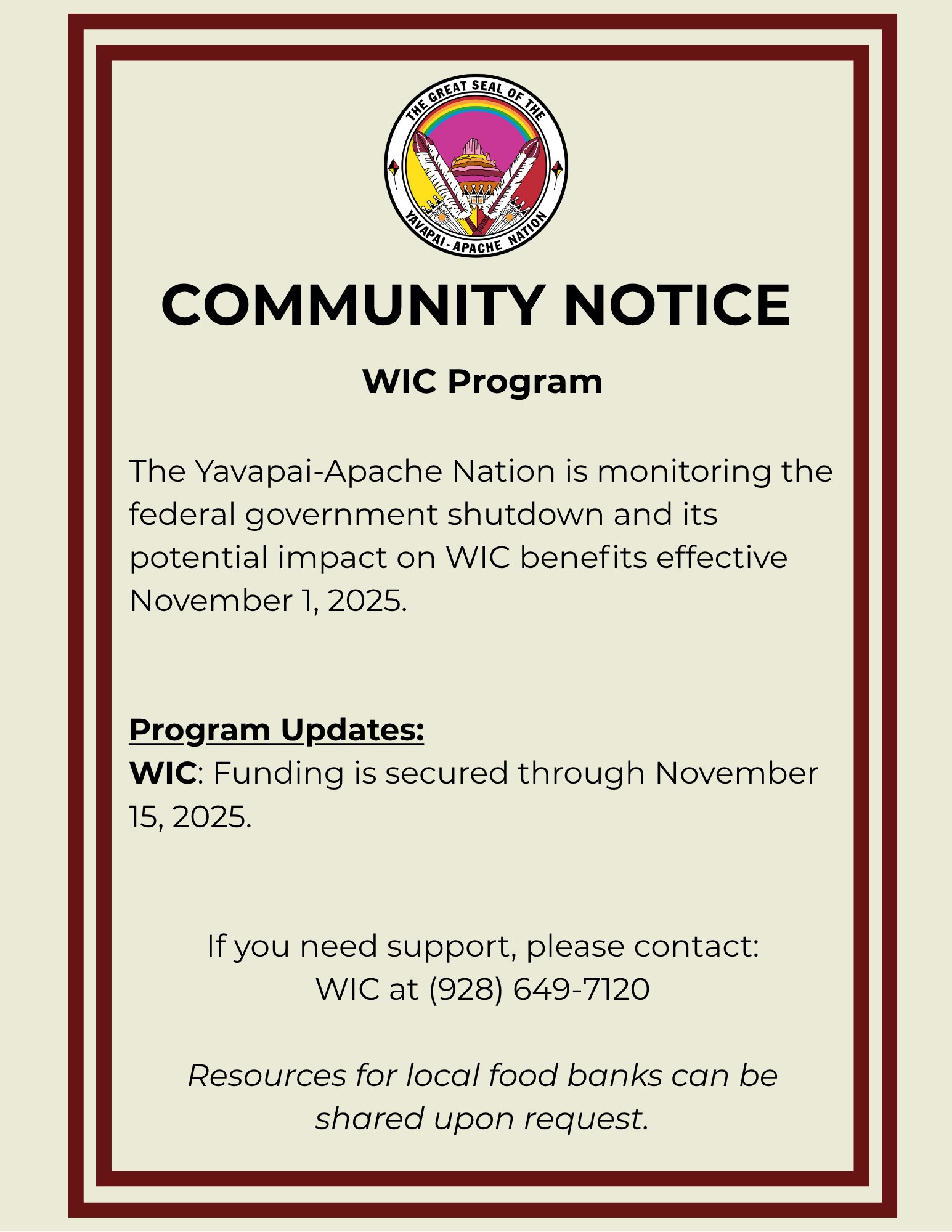 Community Notice: WIC Program – Yavapai-Apache Nation