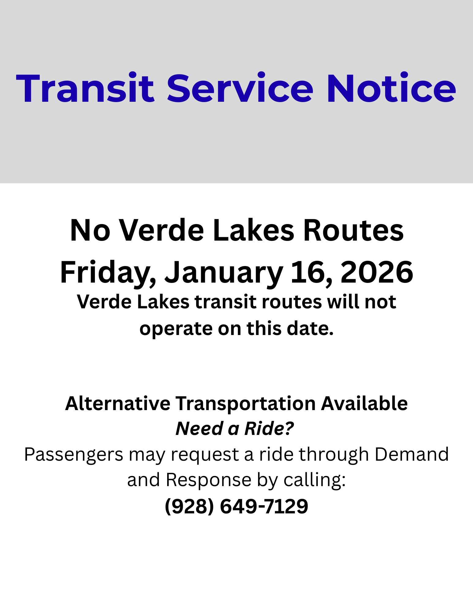 Transit Service Notice: No Verde Lakes Routes – Friday, January 16 ...