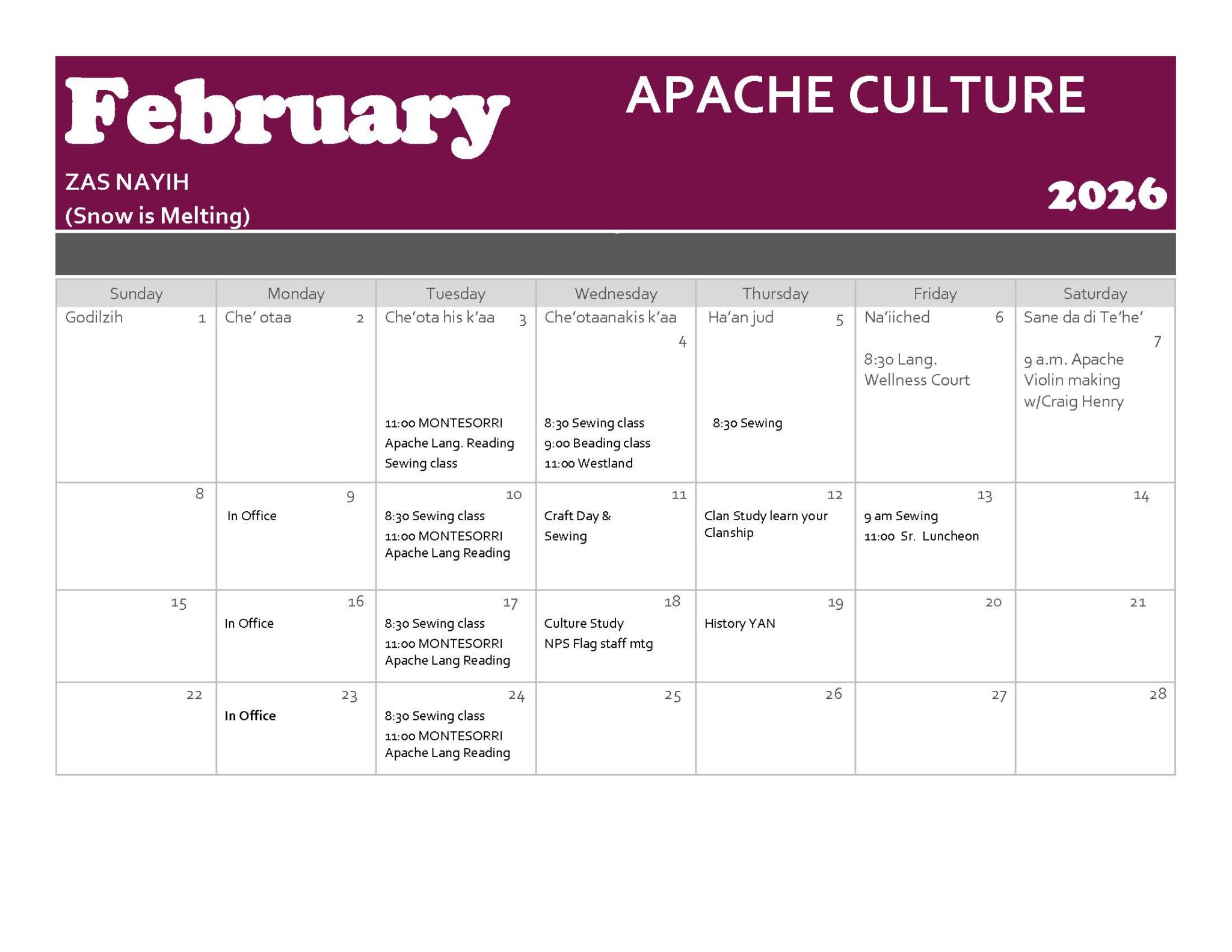 February Apache Culture Calendar – 2026 – Yavapai-Apache Nation